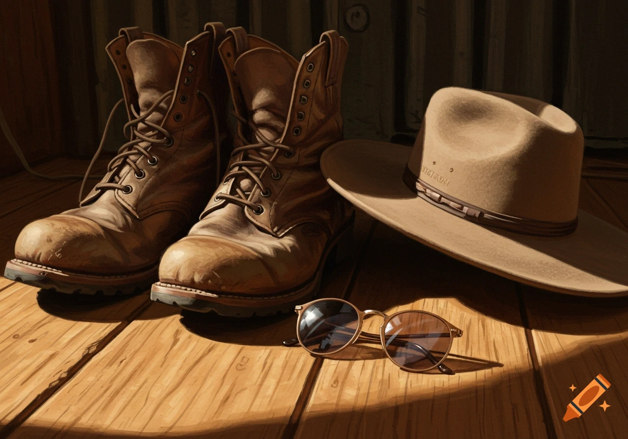 Photorealistic image of brown leather work boots, sunglasses resting on ...