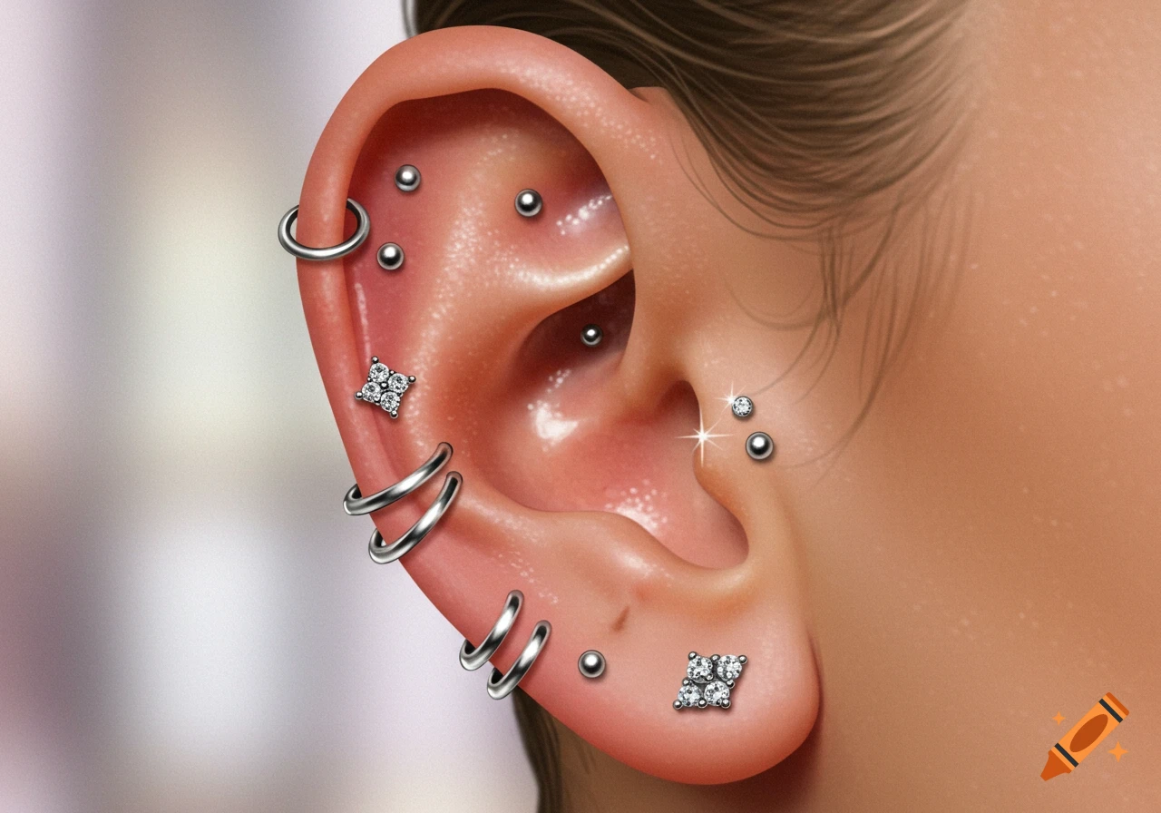 Close-up illustration of a human ear with multiple colorful piercings ...