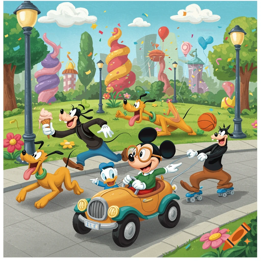 Mickey Mouse drives a car with Donald Duck, while Goofy roller skates ...