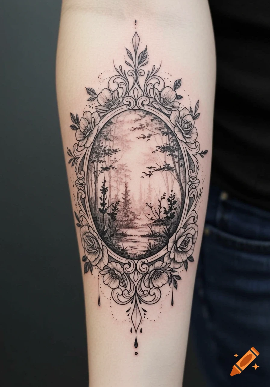 A colorful forearm tattoo featuring a field of wildflowers like irises ...