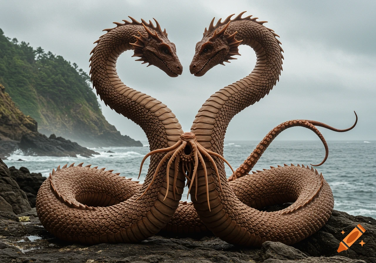 Two photorealistic brown naga-like dragons form a heart shape on a ...