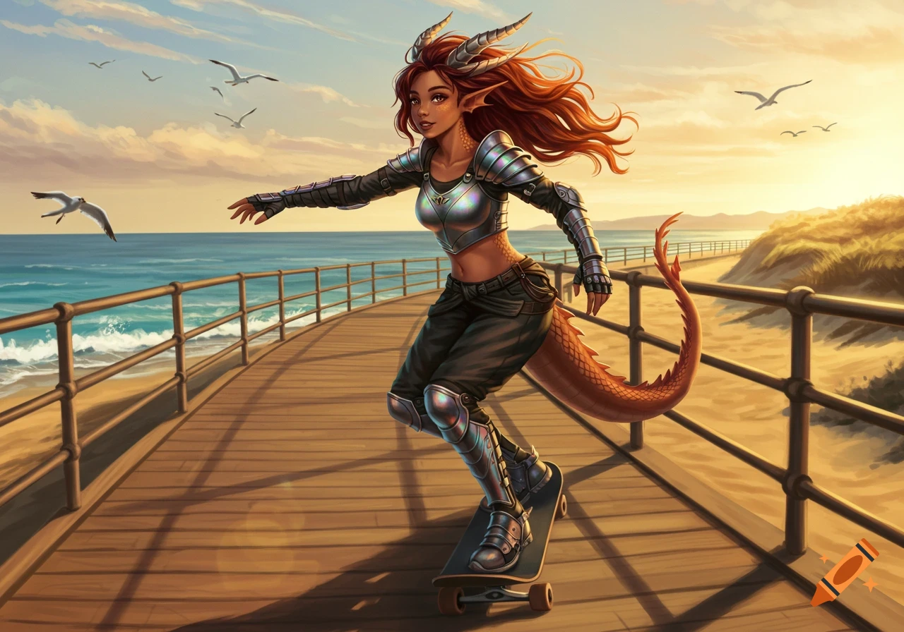 A red-haired dragon girl in armor skateboards on a wooden boardwalk ...