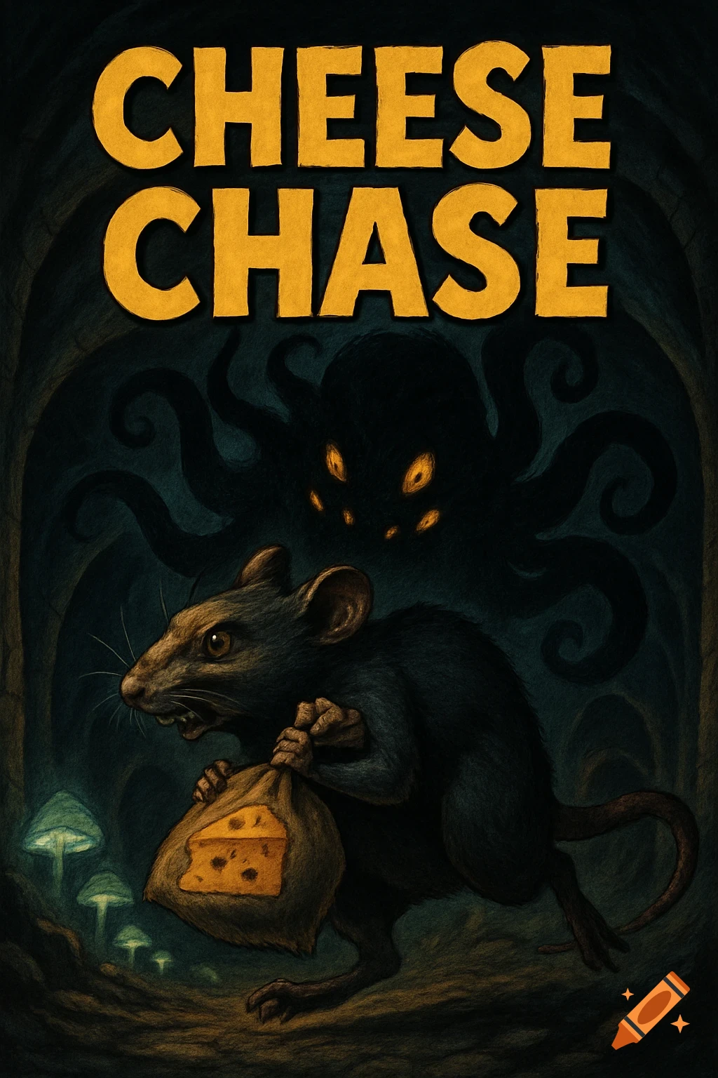 A dark illustration of a rat clutching a cheese sack, fleeing a shadowy ...