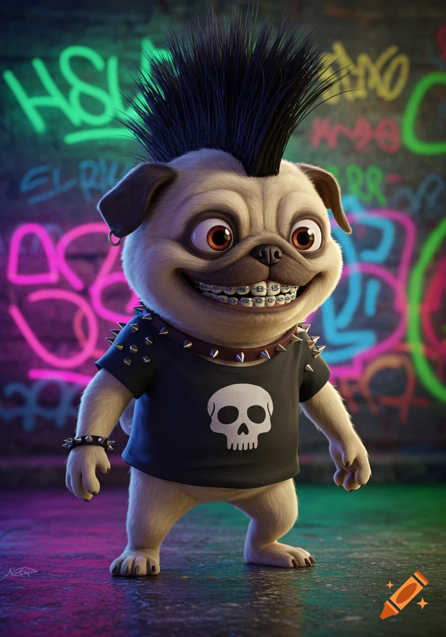 An anthropomorphic pug with a spiky black mohawk, braces, and a black ...