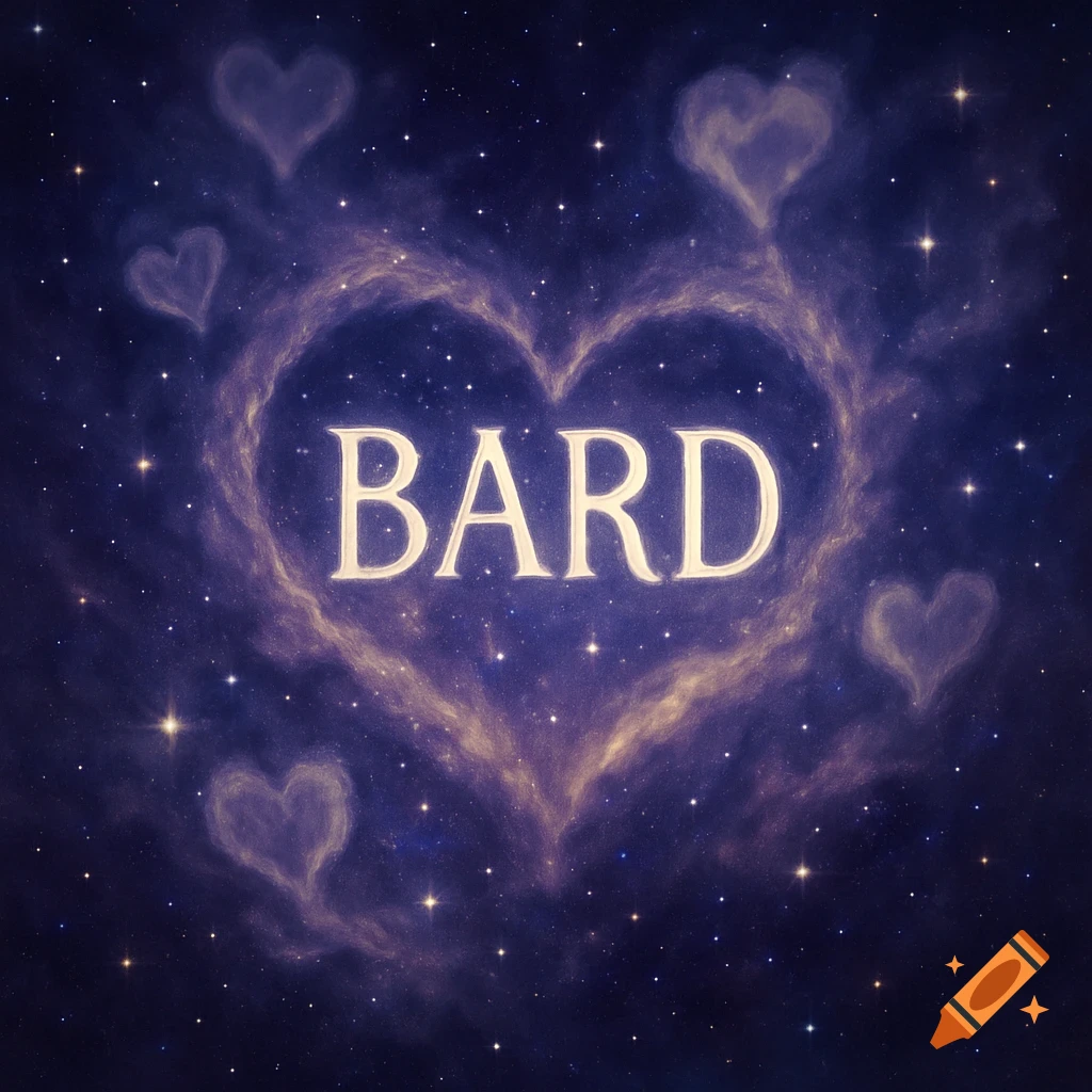 The word BARD written in light within a heart-shaped nebula, surrounded ...