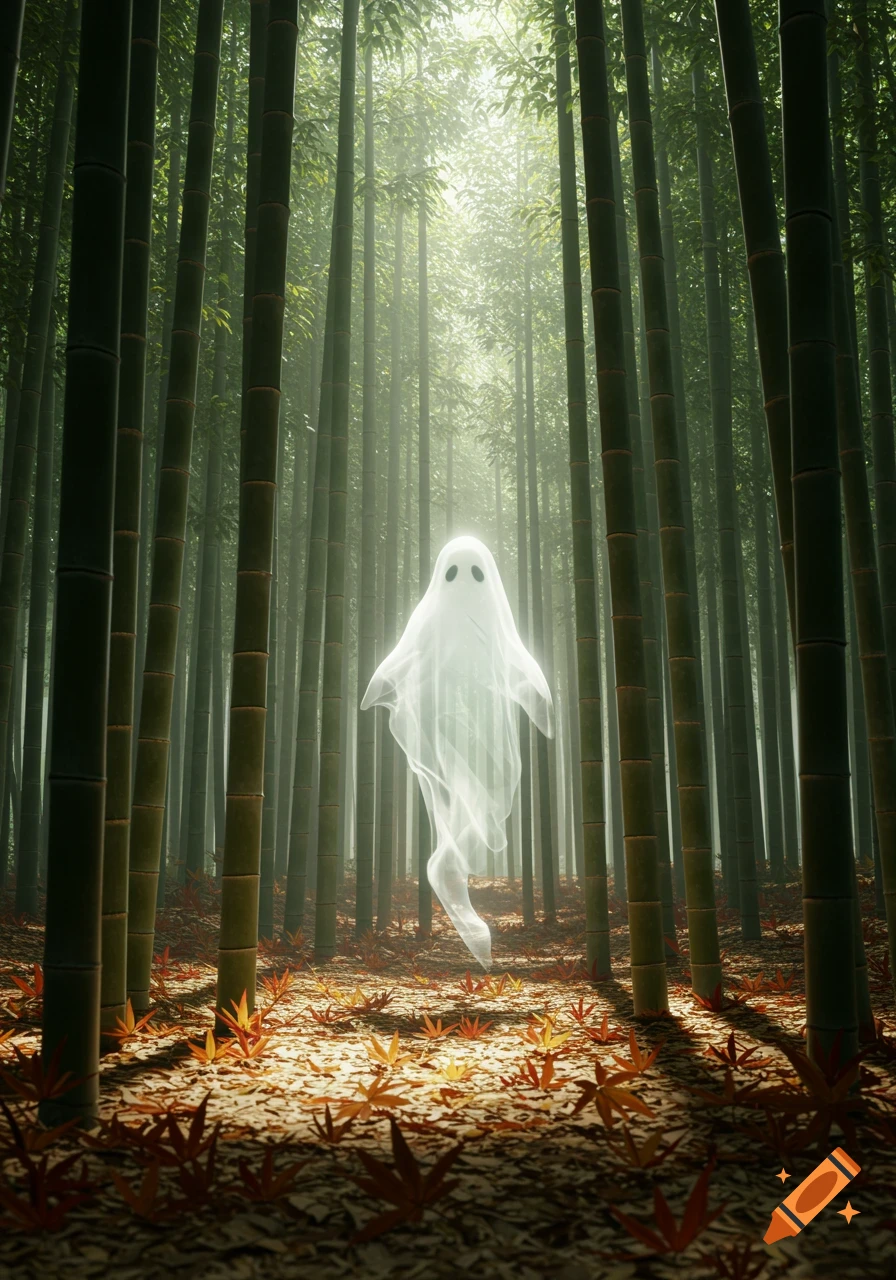 A translucent white ghost with black eyes floats through a misty bamboo ...