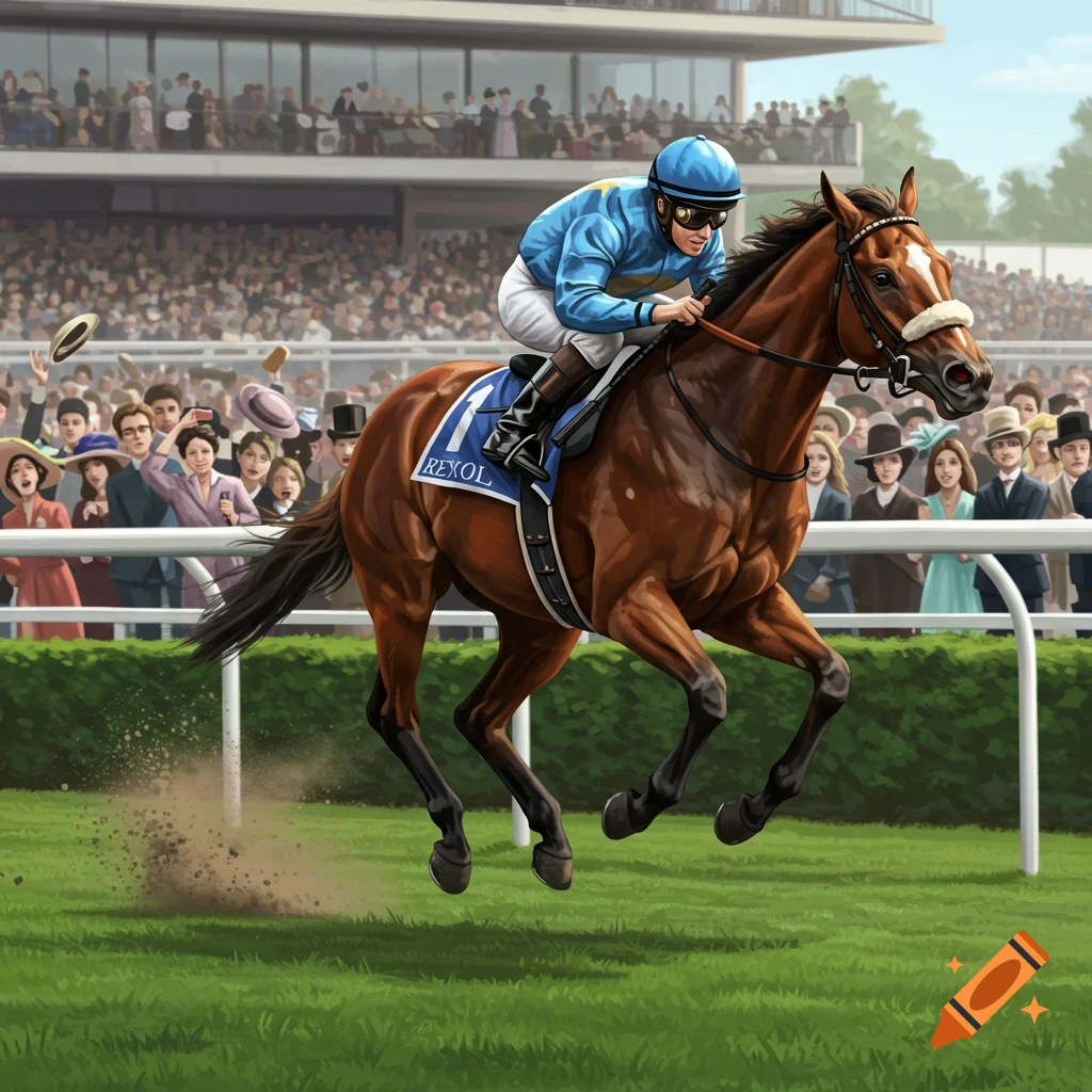 Vibrant cartoon illustration of a harness horse race with multiple ...