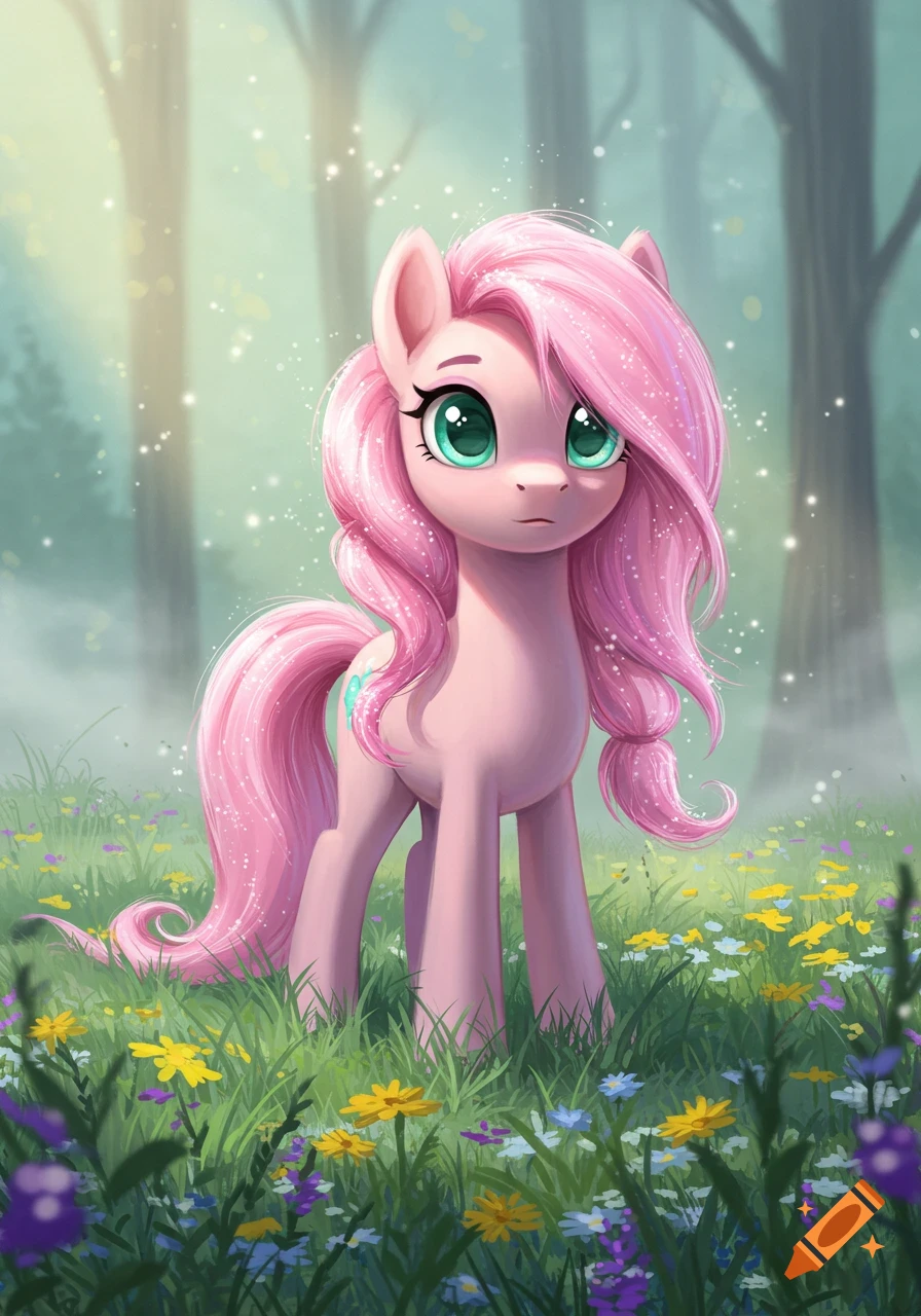 A pink MLP style pony with green eyes and a pink mane, wearing a heart ...