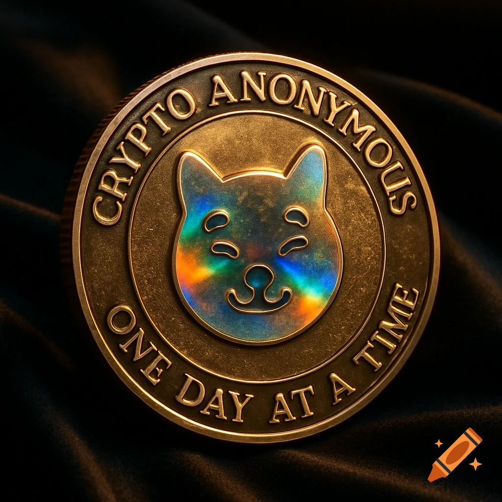 A photorealistic bronze meme coin with a holographic Shiba Inu face and ...
