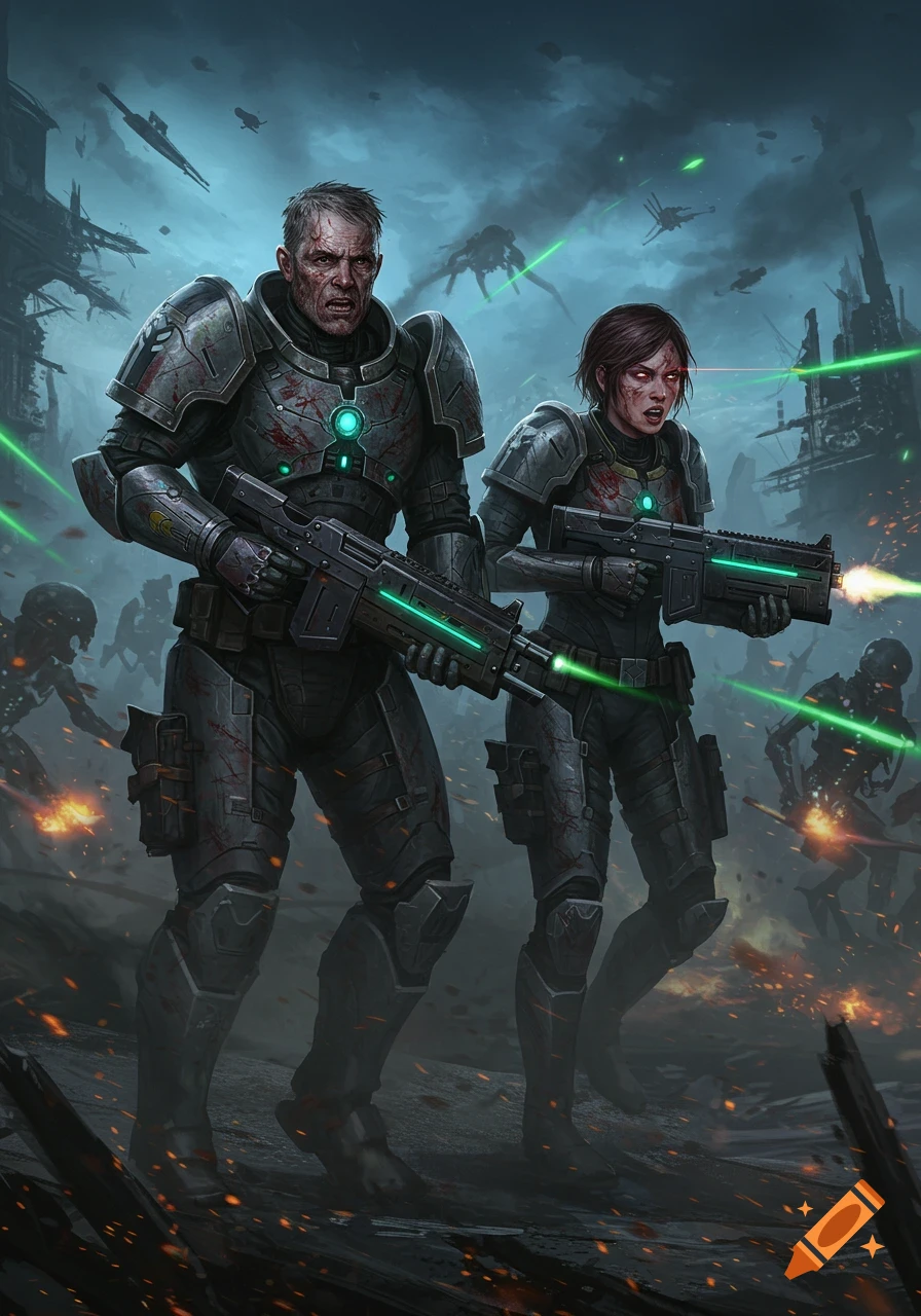 Two armored space marines, a man and a woman, with energy rifles, stand ...