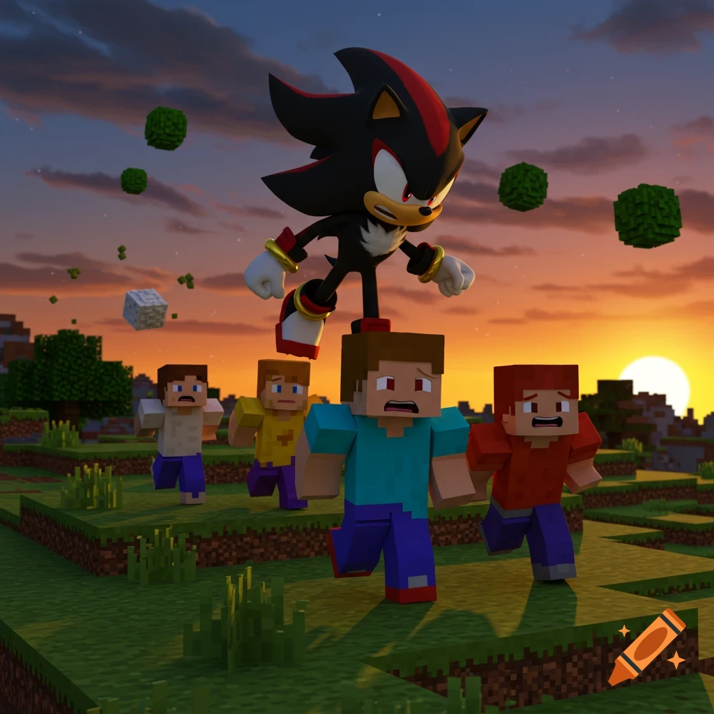 Shadow the Hedgehog stands on a scared Minecraft character's head as ...