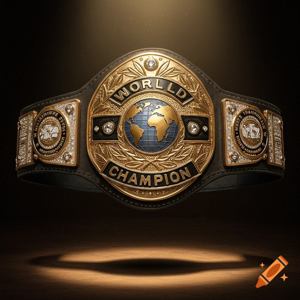 A golden wrestling championship belt with a prominent roaring tiger ...