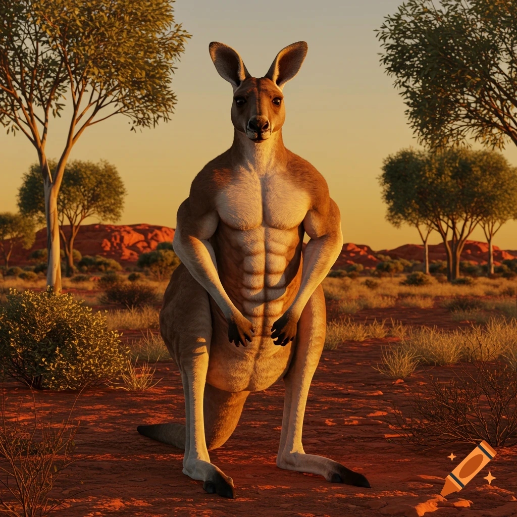 A buff kangaroo stands prominently in a desert landscape at sunset. on Craiyon