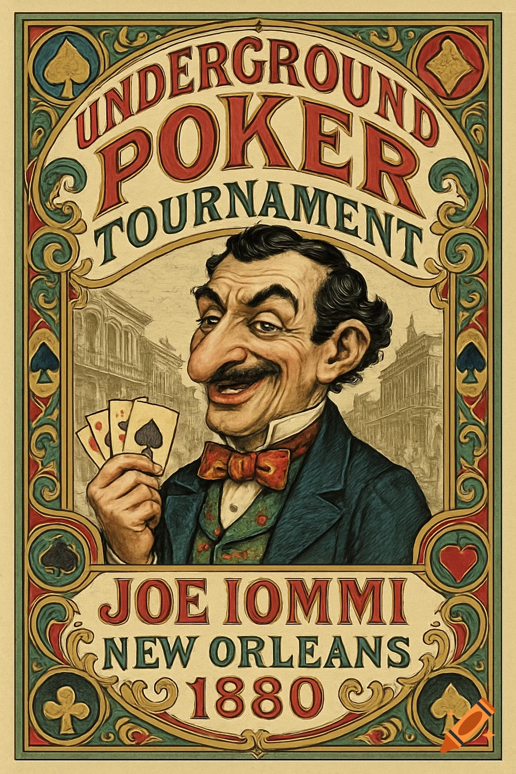 A vintage poster featuring a grinning man with an exaggerated nose ...