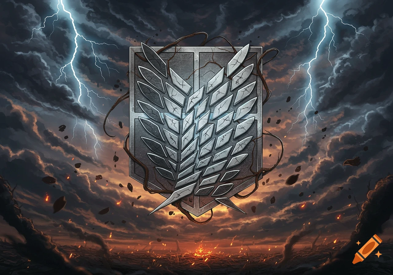 Digital art of the Attack on Titan Survey Corps emblem against a dark ...