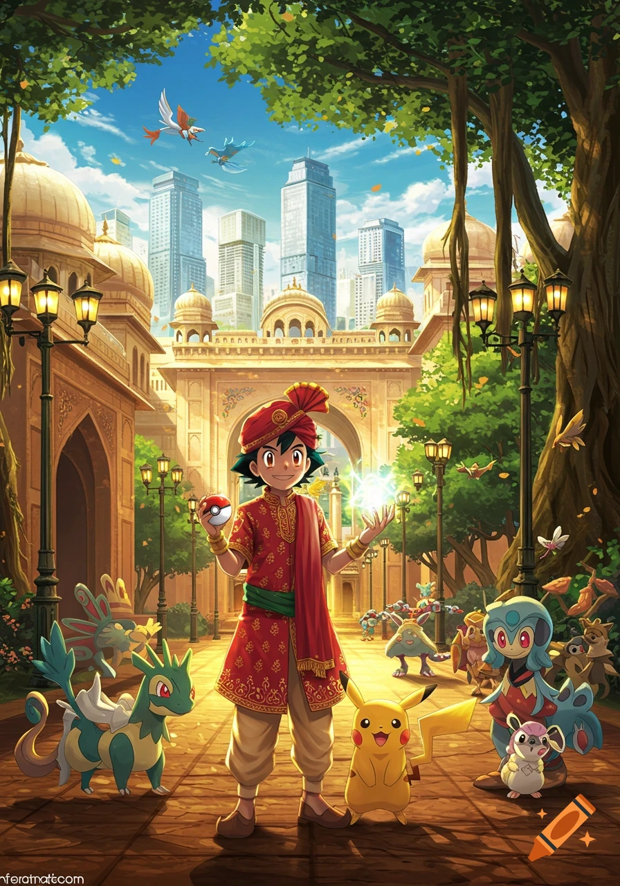 Ash Ketchum in traditional Indian attire stands with Pikachu and other ...