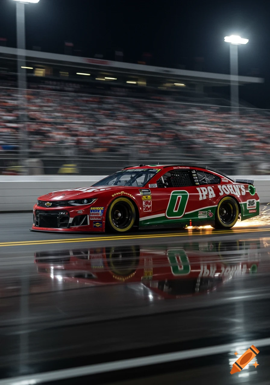 A photorealistic depiction of a red and green NASCAR Chevrolet race car ...