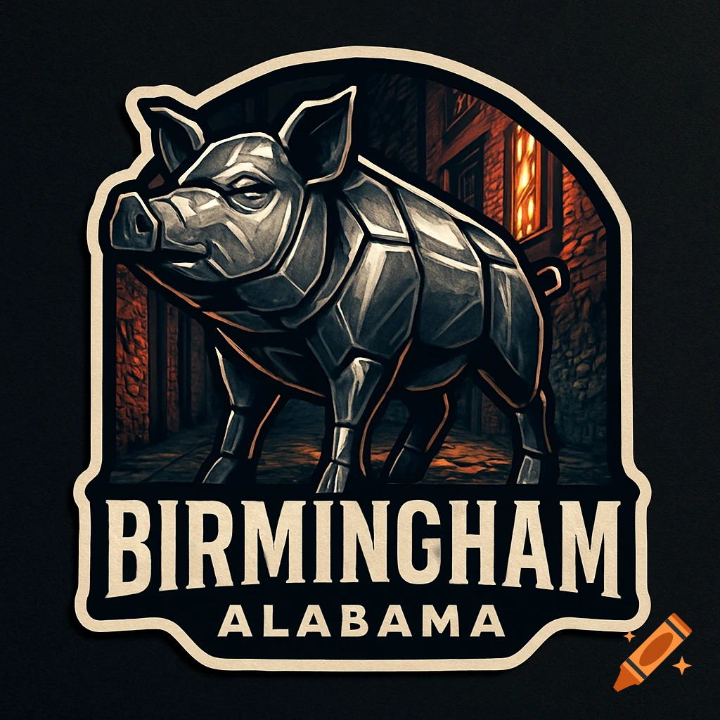 A stylized iron pig in a dark city alley, designed as a logo sticker ...