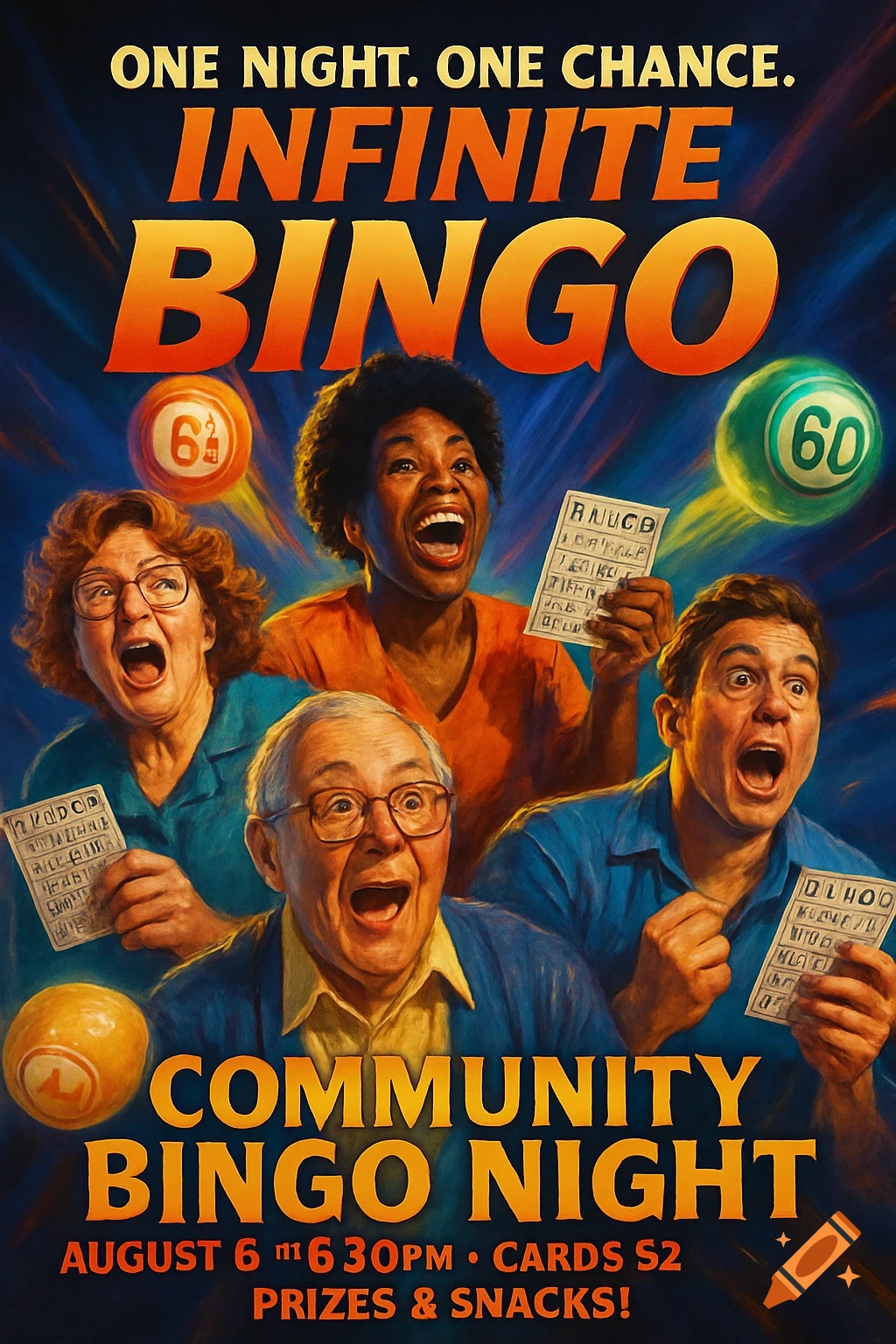 A retro-style poster for a community bingo night, featuring four ...