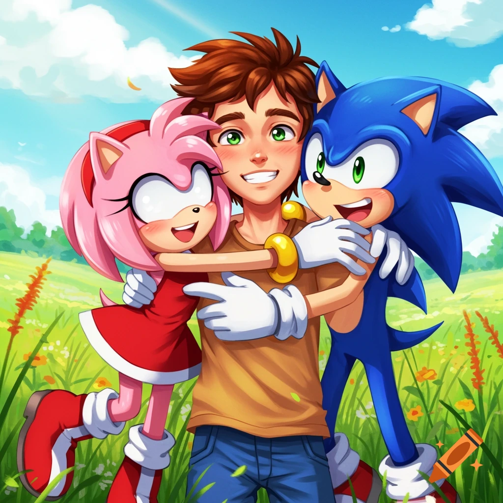 An anime boy smiles while being hugged by Sonic and Amy Rose in a sunny ...