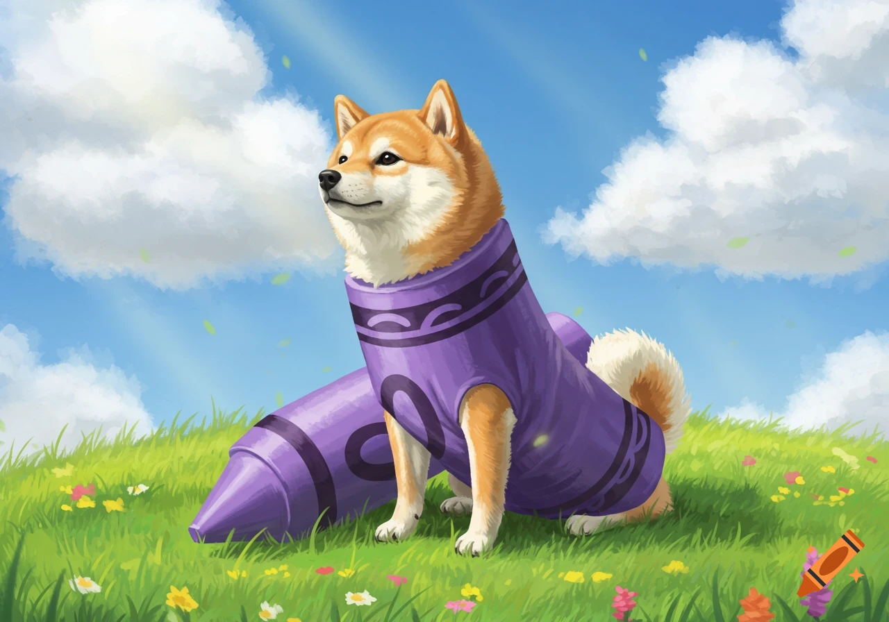 An illustrated Shiba Inu in a purple crayon costume sits in a green ...