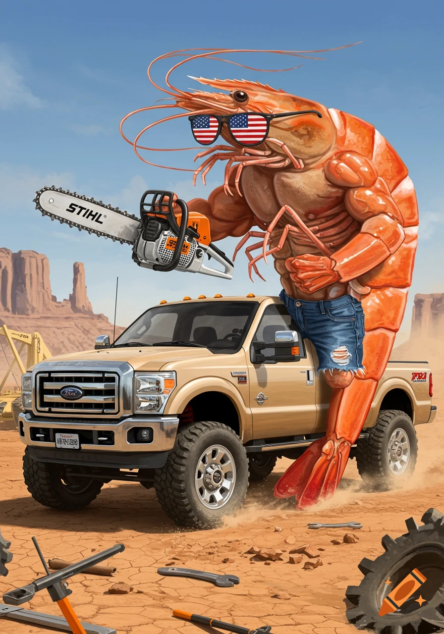 A blue pickup truck with a large fish for a body parked on a small ...