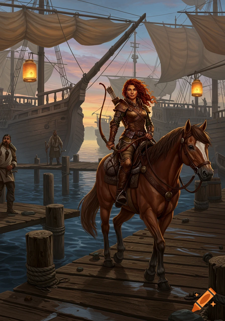 A female ranger on a brown horse at a bustling fantasy dock with large ...
