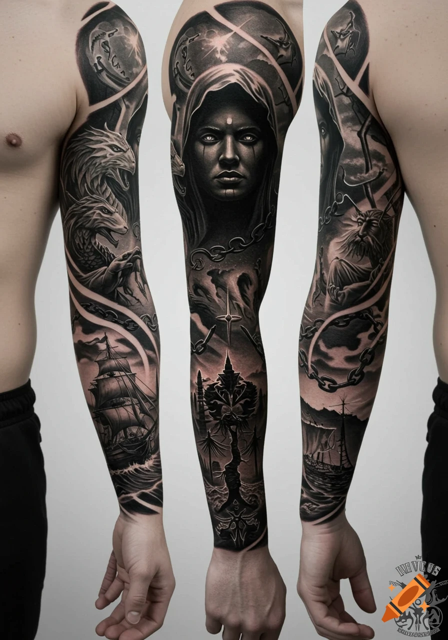 A person's arm with a detailed full sleeve tattoo featuring a hooded ...