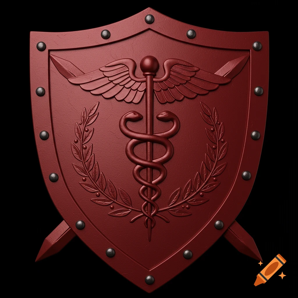 A red shield featuring a central Caduceus symbol flanked by a laurel ...