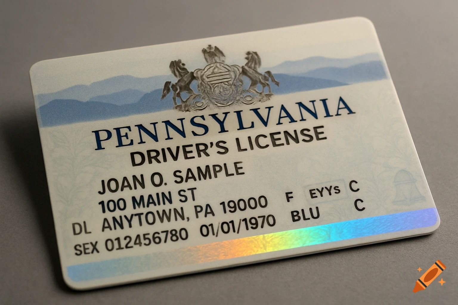 Close-up photorealistic image of a Pennsylvania driver's license on a ...