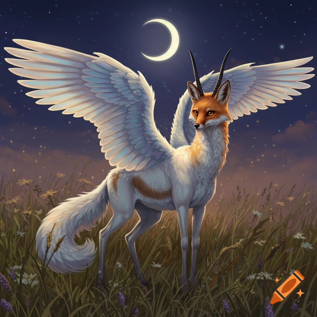 A winged fantasy creature, part fox, part gazelle, with small horns ...
