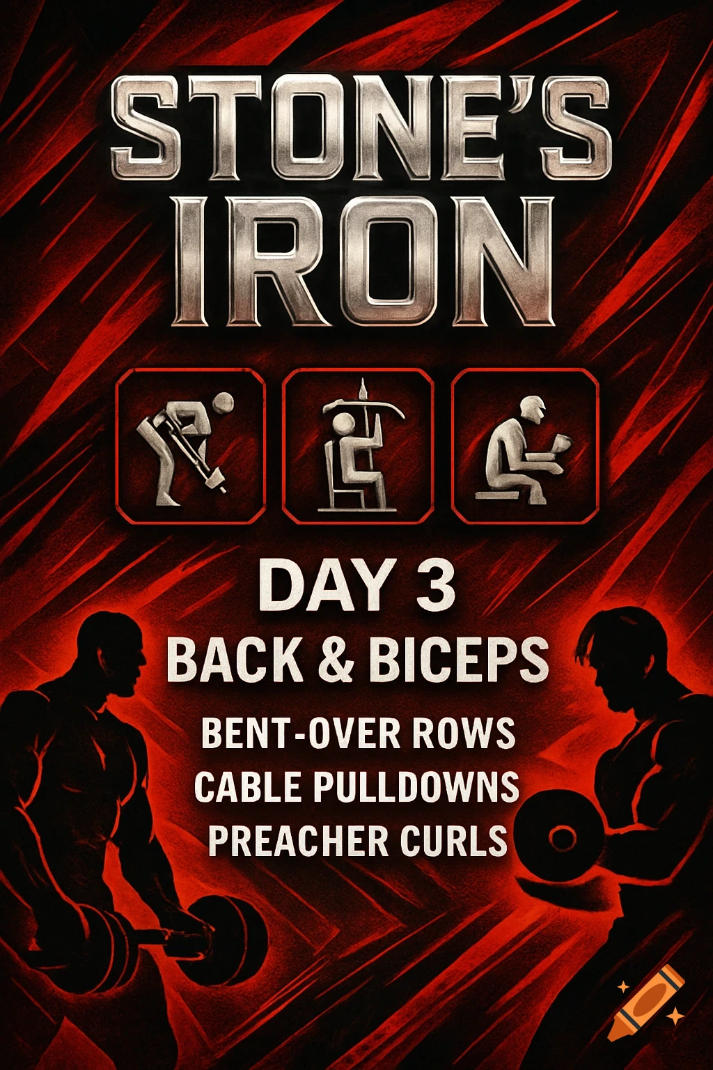 A dark red and black workout poster titled "STONE'S IRON" with ...