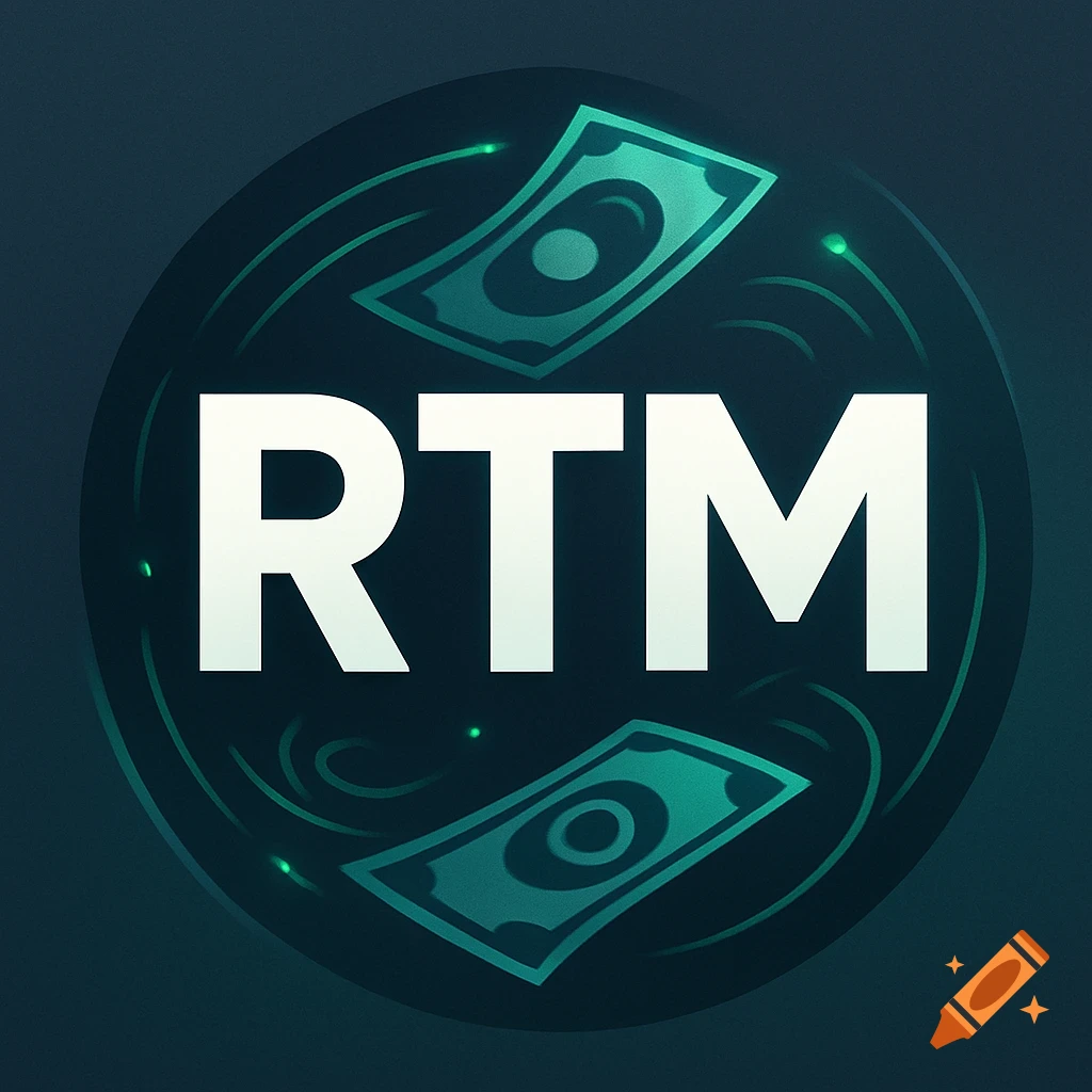 A dark teal circle logo with white text 'RTM' and two floating green dollar bills, with swirling ...