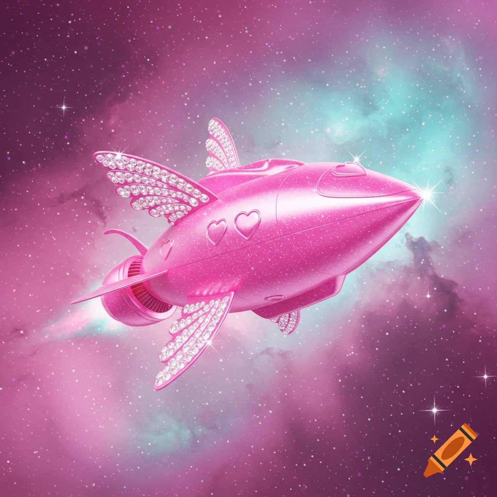 A sparkly pink spaceship with heart decorations and diamond wings flies ...