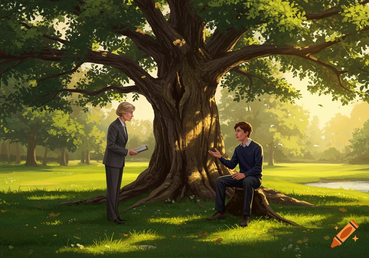 An illustration of a woman in a suit and a man sitting on a tree root ...