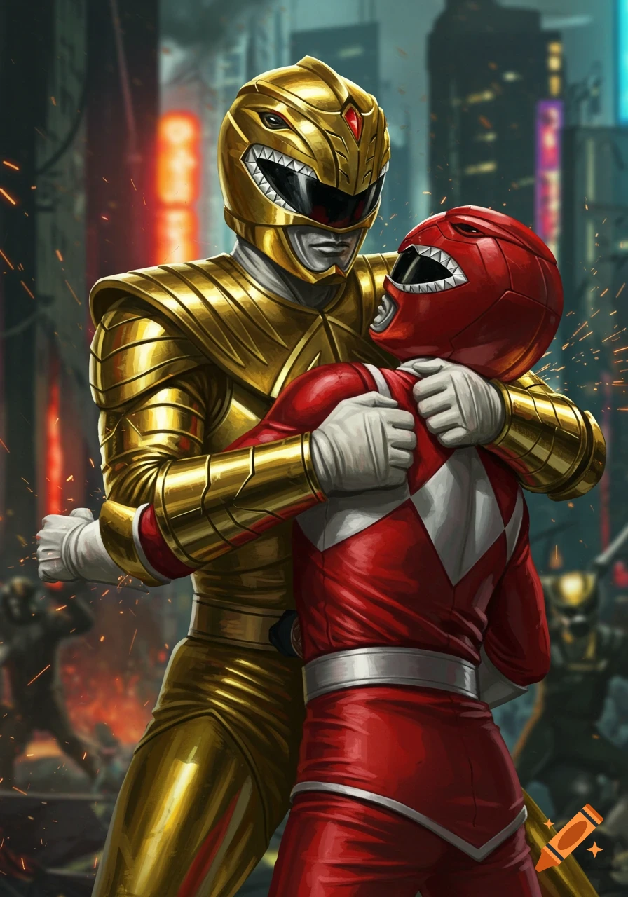 A comic art illustration of the golden Power Ranger choking the red ...