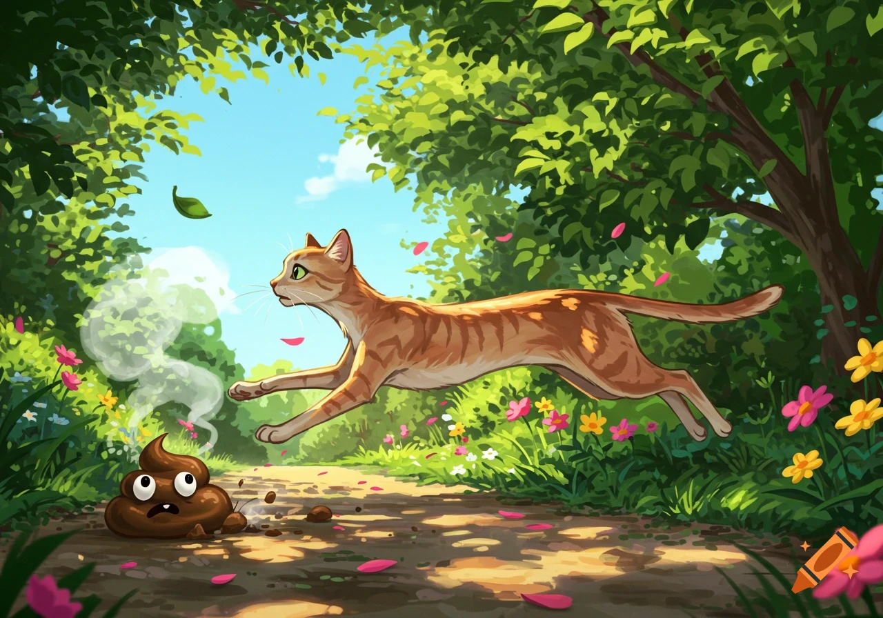 A cartoon ginger cat runs away from a steaming, smiling poop emoji on a ...