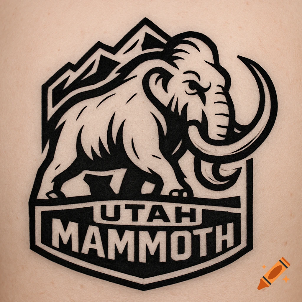 Black and white logo of a stylized mammoth with mountains above a ...