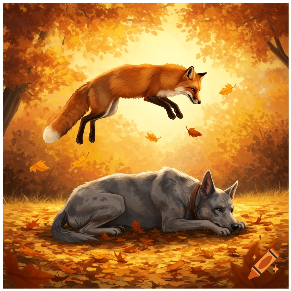 An illustration of a red fox leaping over a grey dog resting among ...