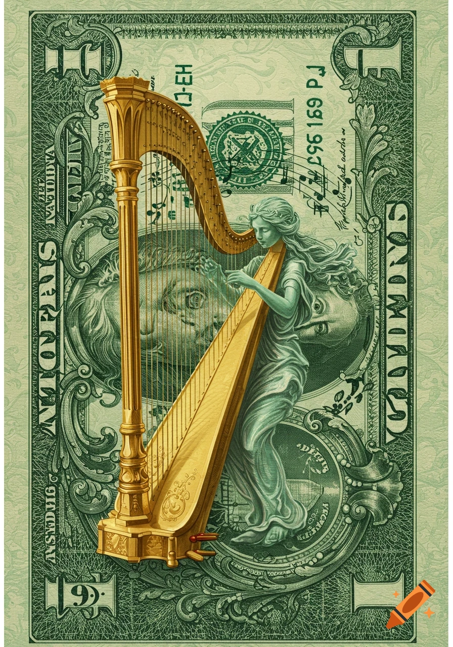 A golden harp and a light green classical-style woman playing it, set ...