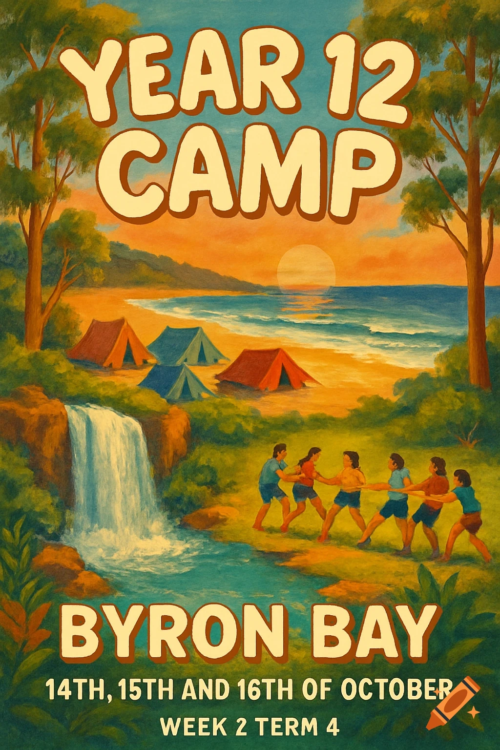 Vintage poster for "Year 12 Camp" at Byron Bay, depicting a beach ...