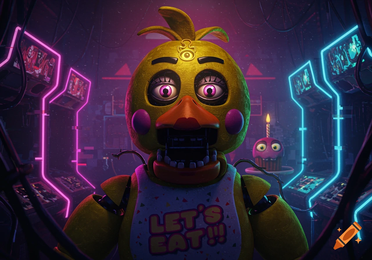 Chica the animatronic chicken with a 'LET'S EAT!!!' bib and glowing ...