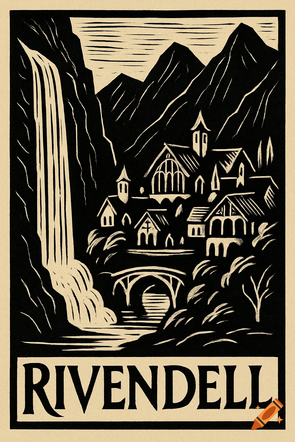 A black and white woodcut illustration of Rivendell, depicting a ...