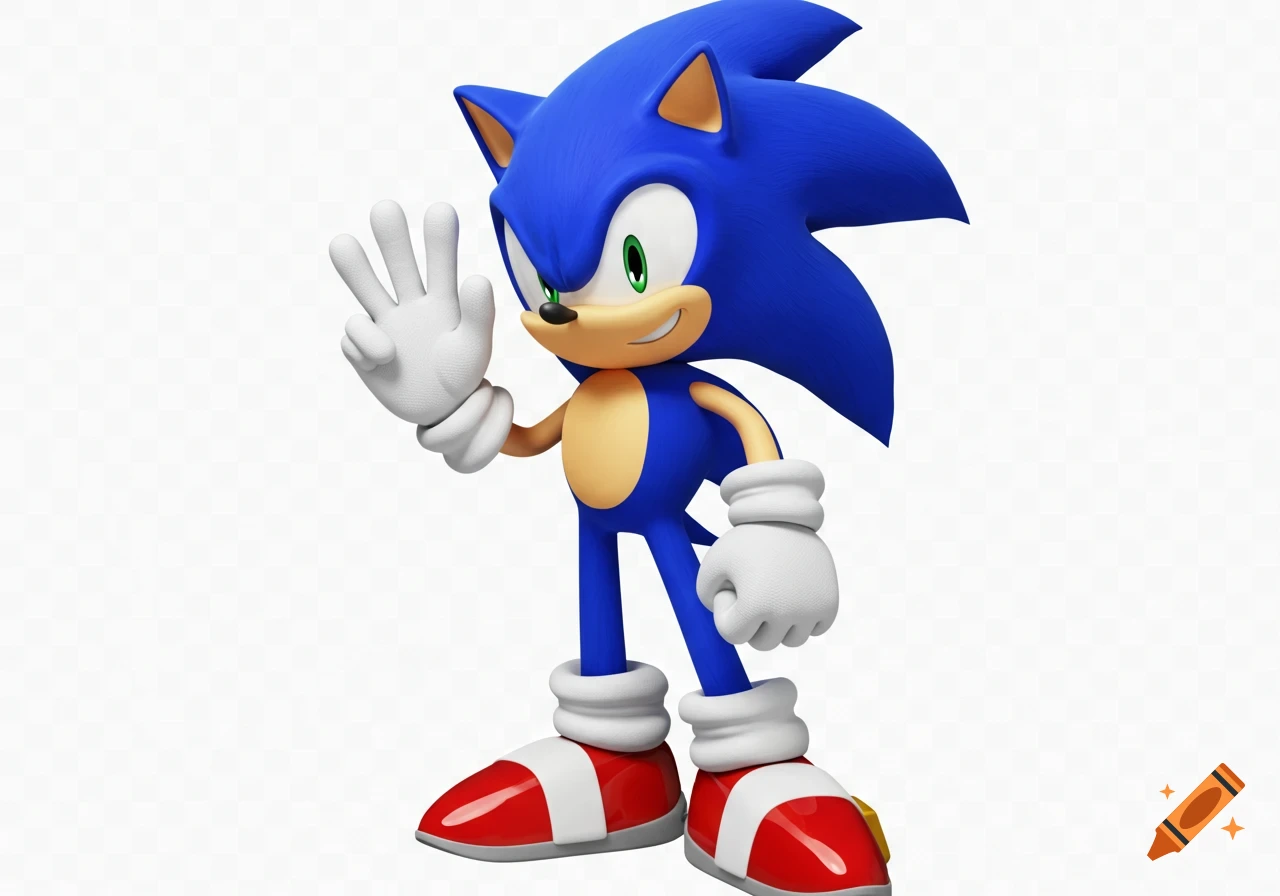 A smiling Sonic the Hedgehog character stands, raising a hand with ...