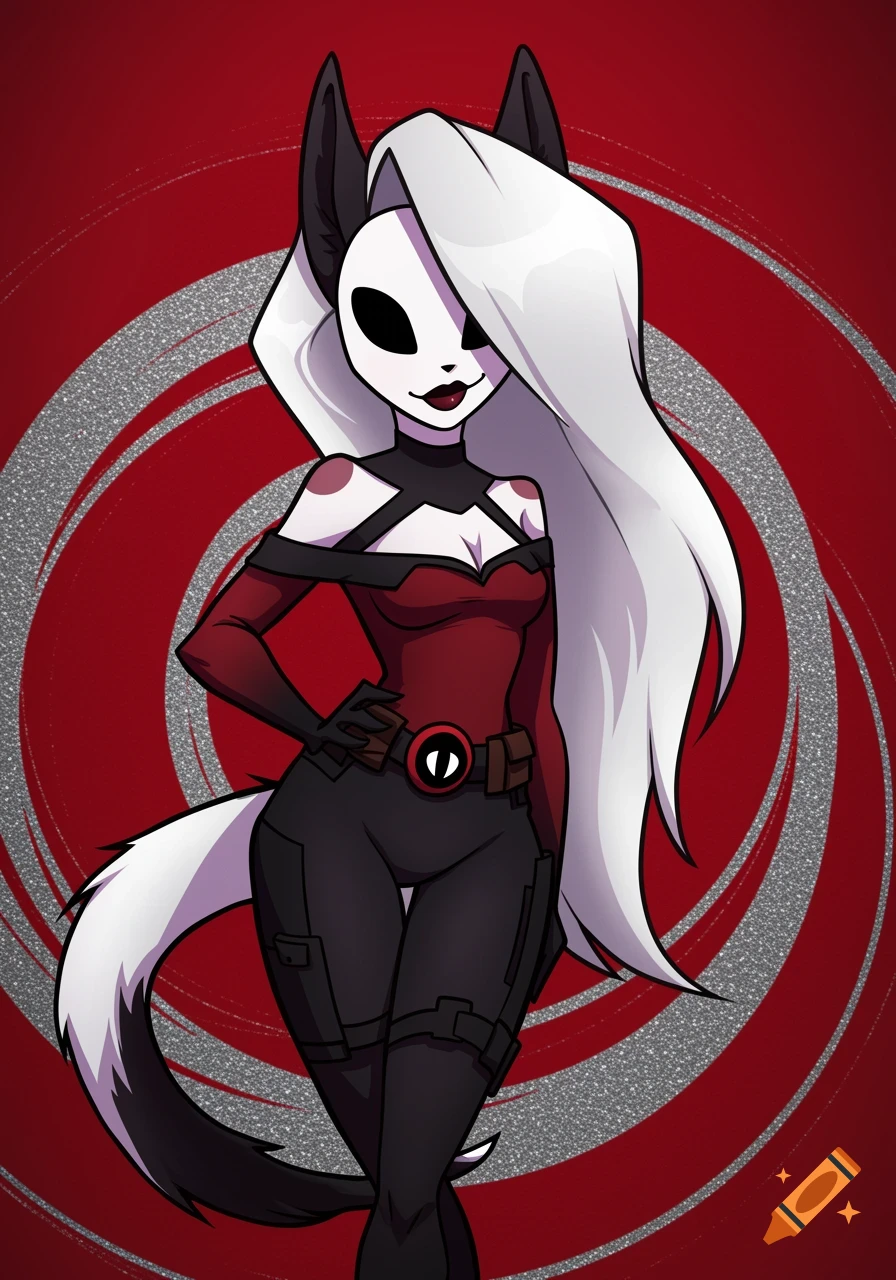 Full-body cartoon illustration of a white-haired anthropomorphic wolf-like character, Loona as ...