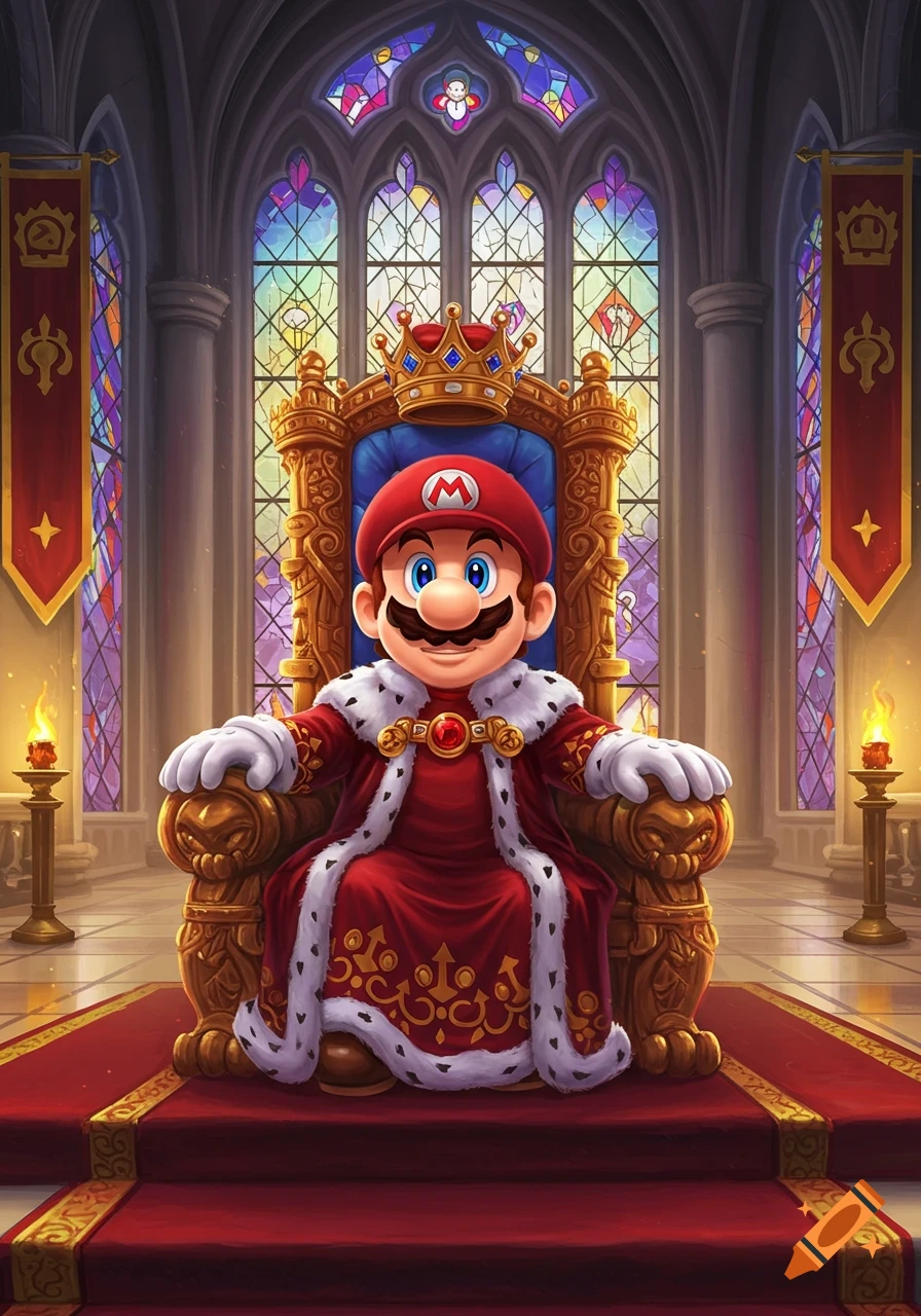 Mario dressed as a vampire scares Bowser in a dark castle courtyard ...