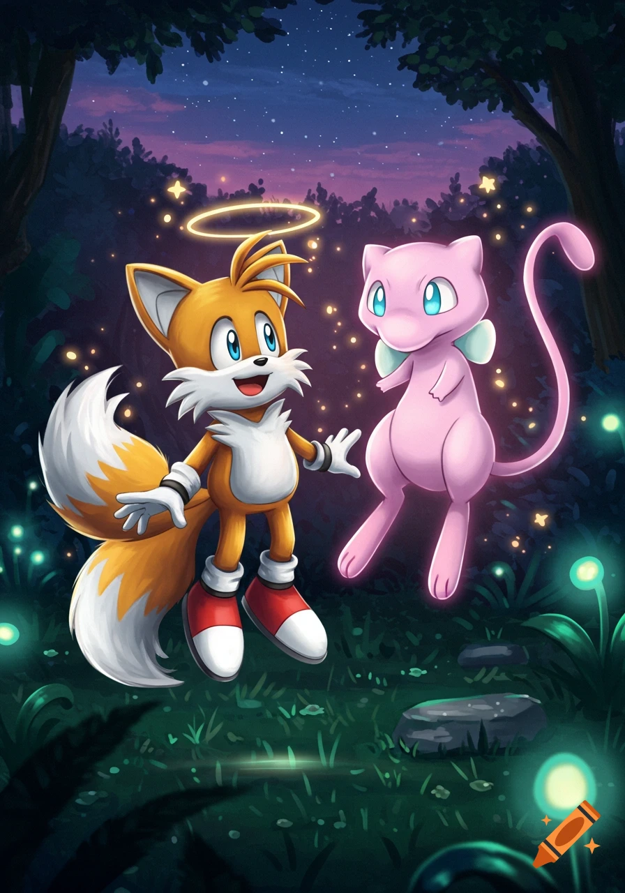 Tails the fox and Mew the Pok essmon standing in a magical forest at ...