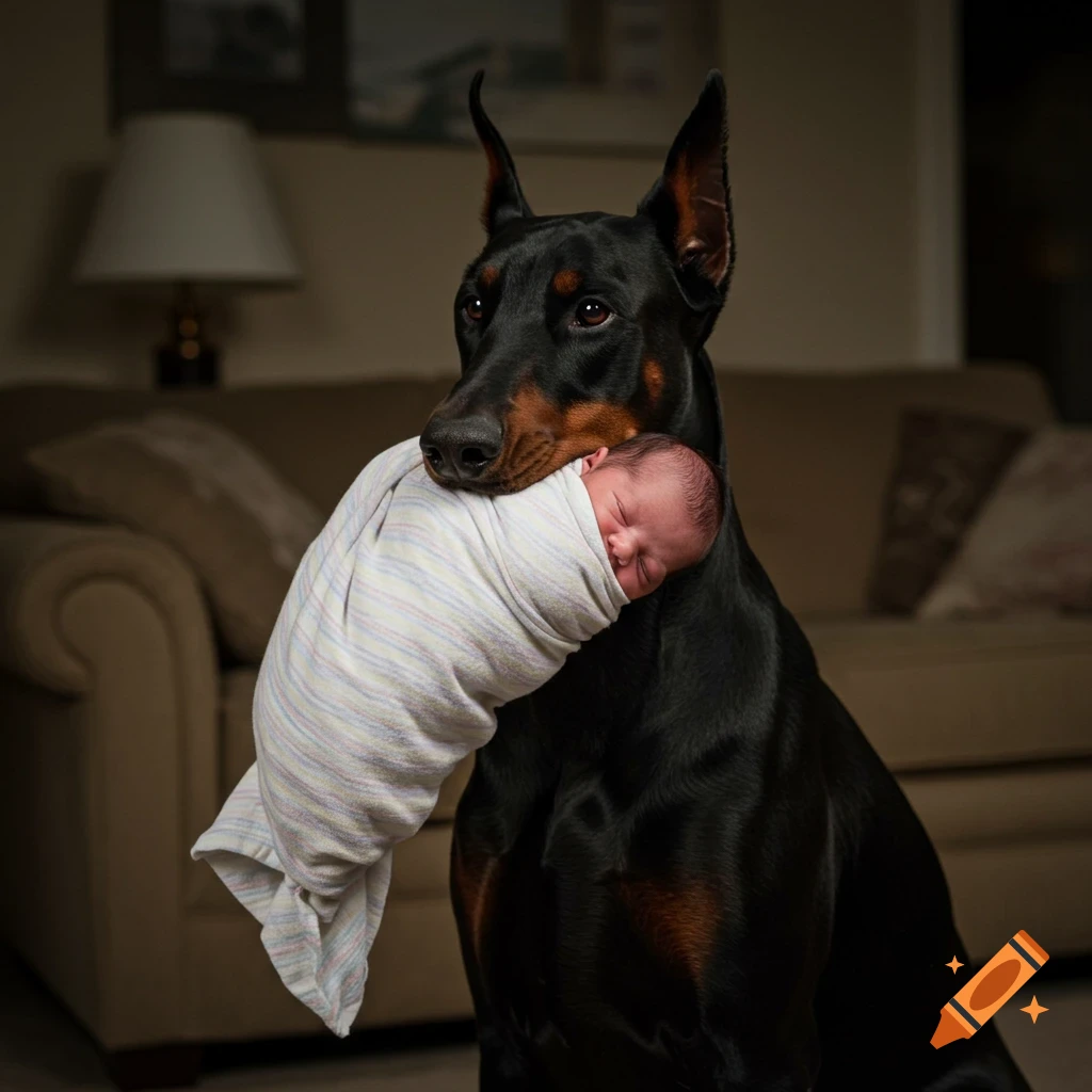 A black Doberman dog gently holds a swaddled baby in its mouth in a ...