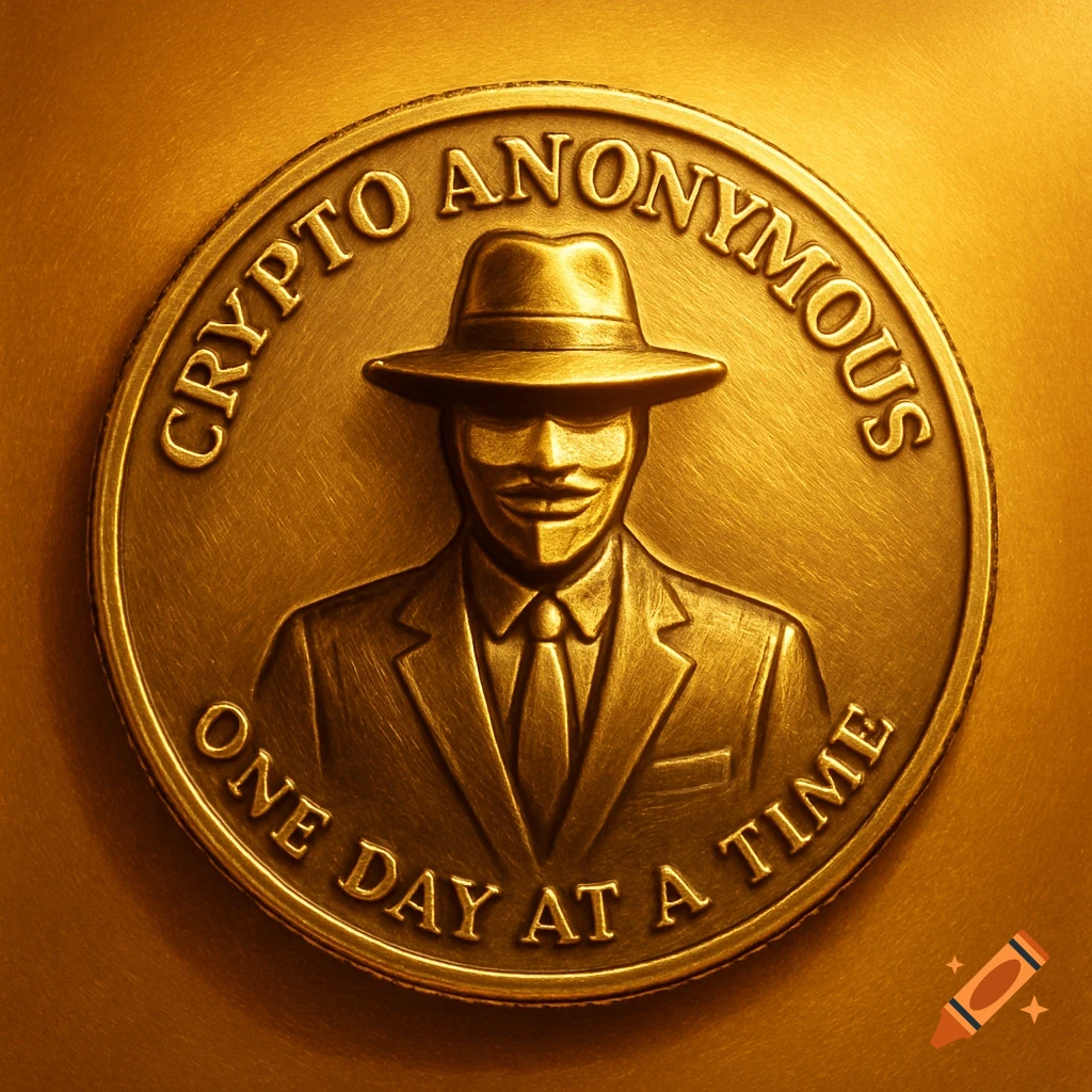 A gold coin with an embossed Guy Fawkes mask in the center, and the text "CRYPTO ANONYMOUS ...