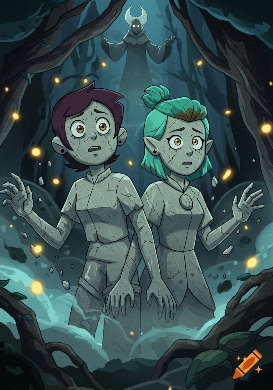 Luz and Amity from The Owl House, turning to stone in a dark magical ...